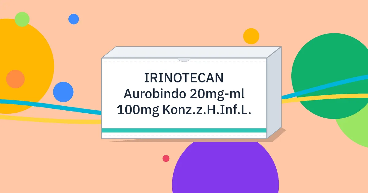 Symbolbild: Packung mit der Aufschrift IRINOTECAN Aurobindo 20mg-ml 100mg Konz.z.H.Inf.L. (PZN 11055783) – Verfügbarkeit und Bezug in Apotheken in Frankfurt am Main
