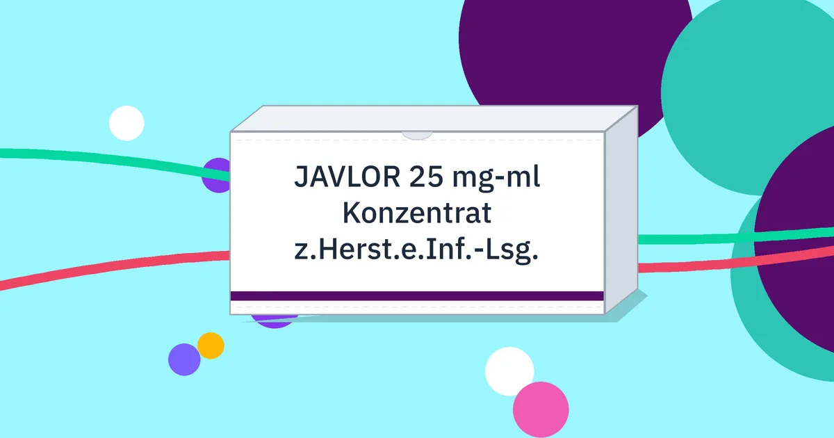 Symbolbild: Packung mit der Aufschrift JAVLOR 25 mg-ml Konzentrat z.Herst.e.Inf.-Lsg. (PZN 05376371) – Verfügbarkeit und Bezug in Apotheken in Frankfurt am Main
