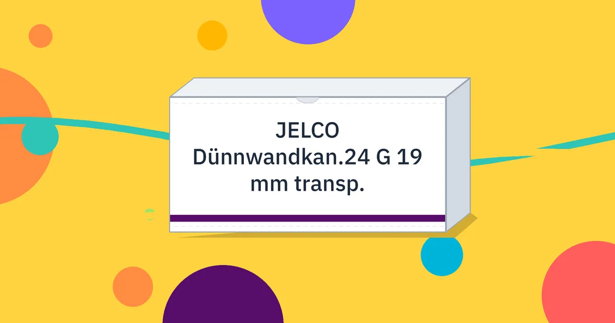 Symbolbild: Packung mit der Aufschrift JELCO Dünnwandkan.24 G 19 mm transp. (PZN 00912528) – Verfügbarkeit und Bezug in Apotheken in Frankfurt am Main