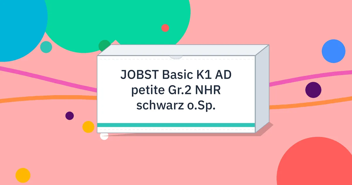 Symbolbild: Packung mit der Aufschrift JOBST Basic K1 AD petite Gr.2 NHR schwarz o.Sp. (PZN 15313495) – Verfügbarkeit und Bezug in Apotheken in Frankfurt am Main