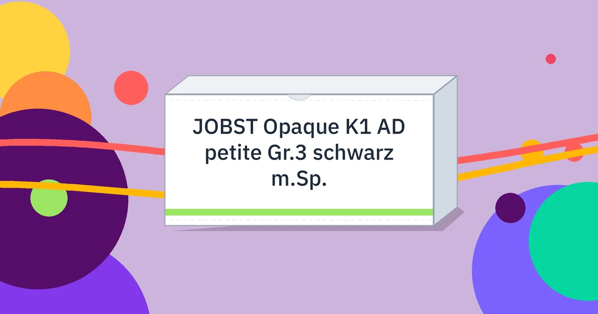 Symbolbild: Packung mit der Aufschrift JOBST Opaque K1 AD petite Gr.3 schwarz m.Sp. (PZN 13079718) – Verfügbarkeit und Bezug in Apotheken in Frankfurt am Main