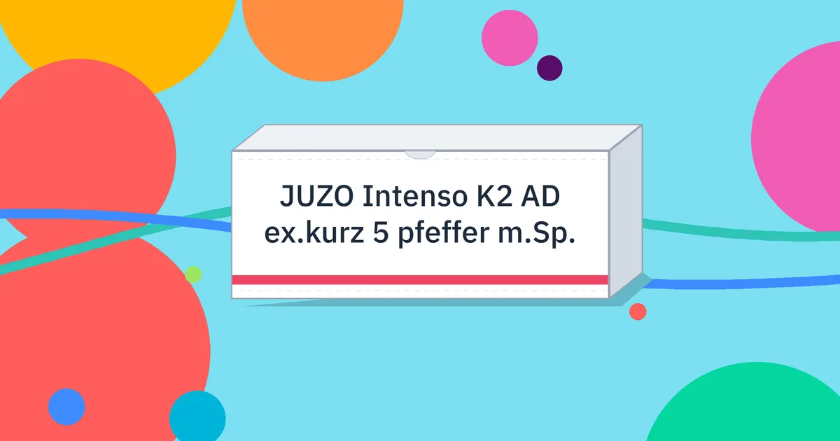 Symbolbild: Packung mit der Aufschrift JUZO Intenso K2 AD ex.kurz 5 pfeffer m.Sp. (PZN 18607889) – Verfügbarkeit und Bezug in Apotheken in Frankfurt am Main