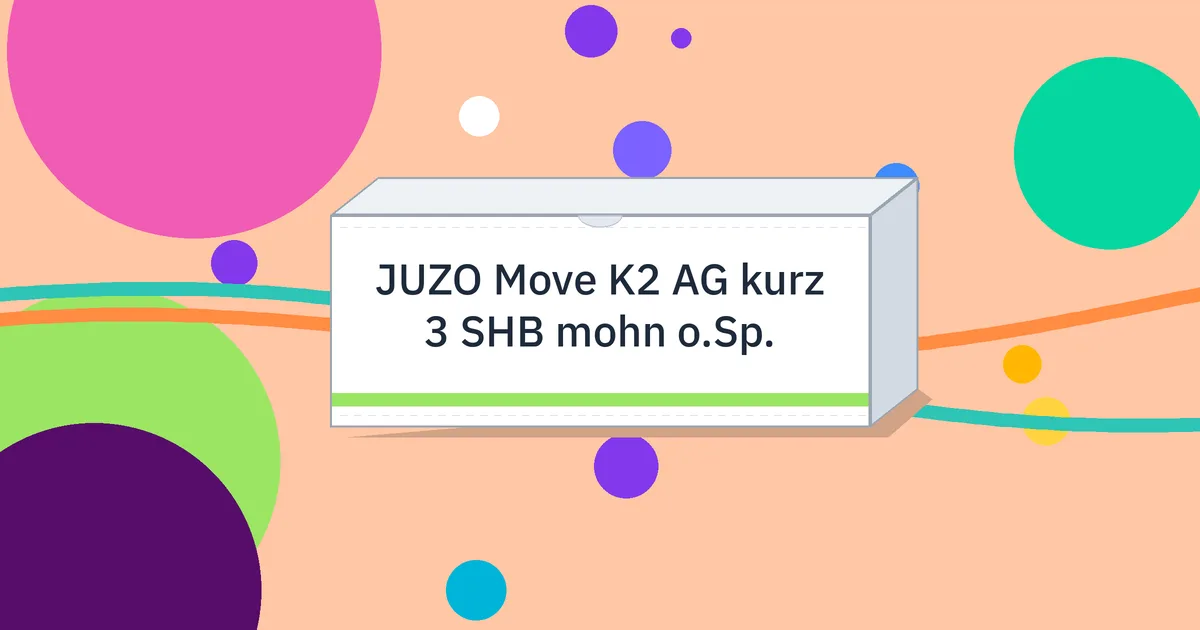 Symbolbild: Packung mit der Aufschrift JUZO Move K2 AG kurz 3 SHB mohn o.Sp. (PZN 18561532) – Verfügbarkeit und Bezug in Apotheken in Frankfurt am Main