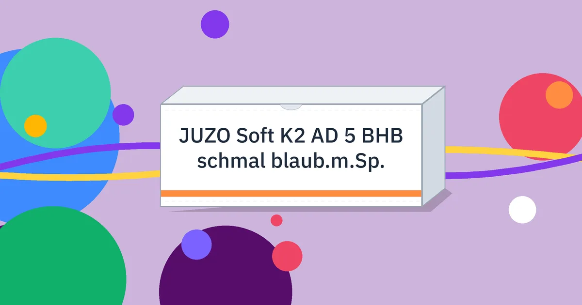 Symbolbild: Packung mit der Aufschrift JUZO Soft K2 AD 5 BHB schmal blaub.m.Sp. (PZN 15465236) – Verfügbarkeit und Bezug in Apotheken in Frankfurt am Main
