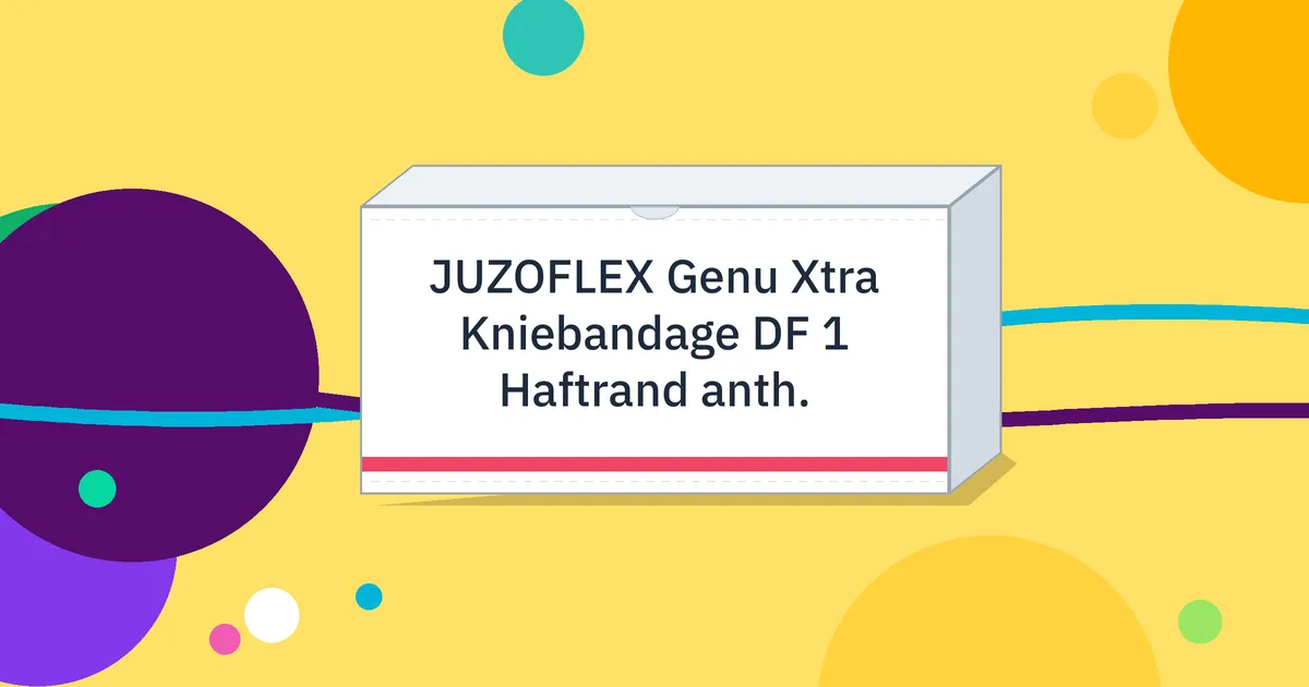 Symbolbild: Packung mit der Aufschrift JUZOFLEX Genu Xtra Kniebandage DF 1 Haftrand anth. (PZN 16497416) – Verfügbarkeit und Bezug in Apotheken in Frankfurt am Main