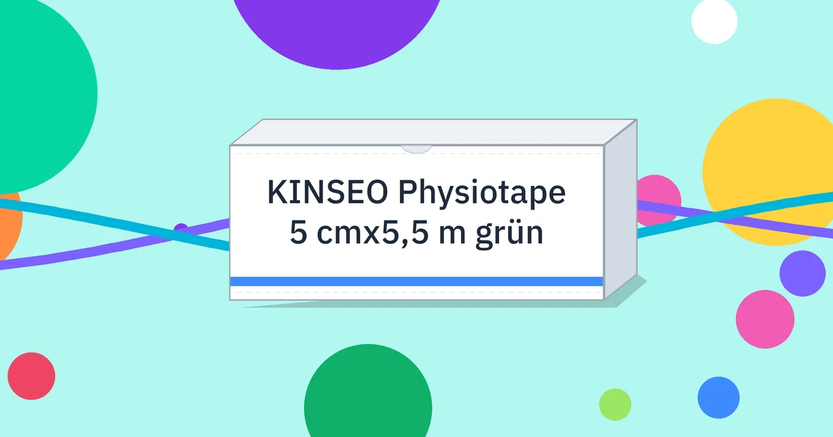 Symbolbild: Packung mit der Aufschrift KINSEO Physiotape 5 cmx5,5 m grün (PZN 05900323) – Verfügbarkeit und Bezug in Apotheken in Frankfurt am Main