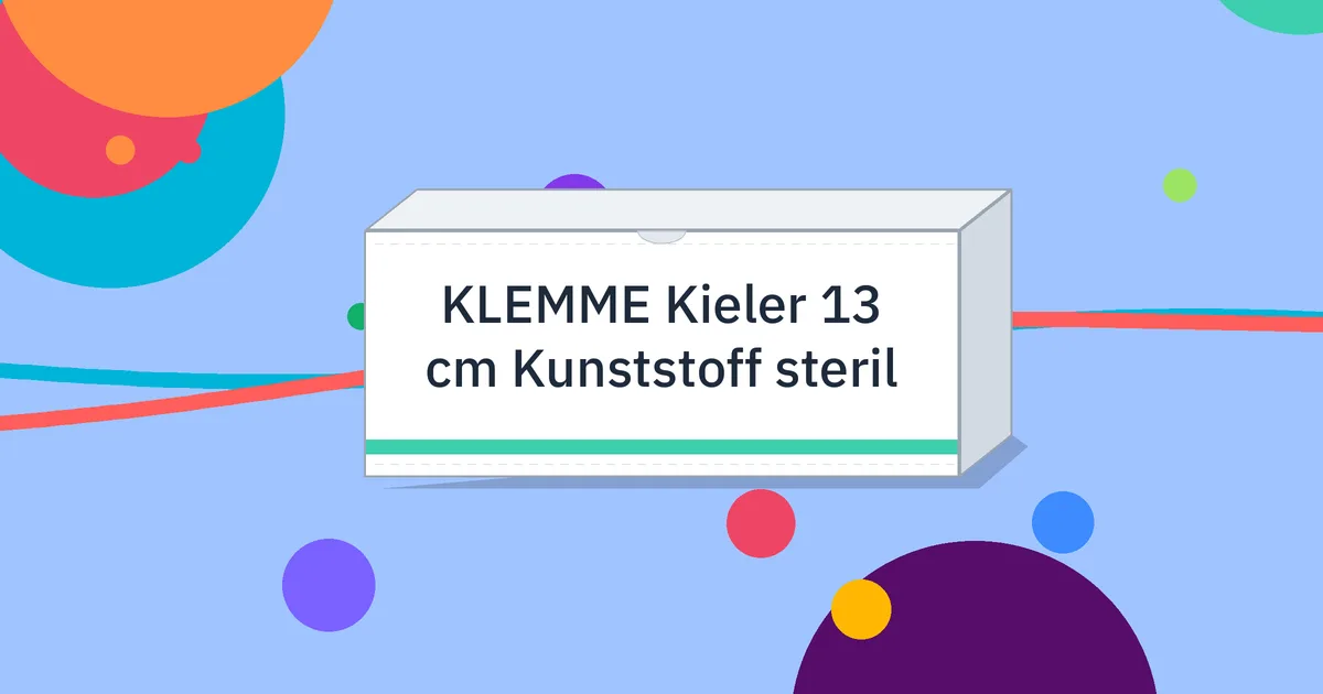 Symbolbild: Packung mit der Aufschrift KLEMME Kieler 13 cm Kunststoff steril (PZN 17247992) – Verfügbarkeit und Bezug in Apotheken in Frankfurt am Main