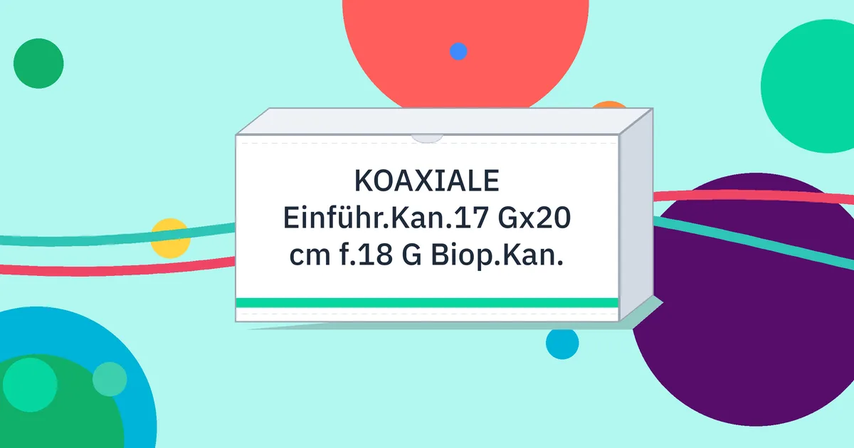 Symbolbild: Packung mit der Aufschrift KOAXIALE Einführ.Kan.17 Gx20 cm f.18 G Biop.Kan. (PZN 06903789) – Verfügbarkeit und Bezug in Apotheken in Frankfurt am Main