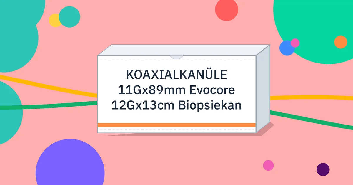 Symbolbild: Packung mit der Aufschrift KOAXIALKANÜLE 11Gx89mm Evocore 12Gx13cm Biopsiekan (PZN 11059278) – Verfügbarkeit und Bezug in Apotheken in Frankfurt am Main