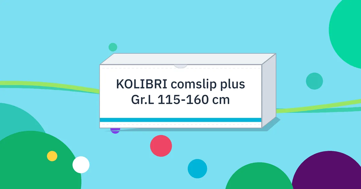 Symbolbild: Packung mit der Aufschrift KOLIBRI comslip plus Gr.L 115-160 cm (PZN 15564814) – Verfügbarkeit und Bezug in Apotheken in Frankfurt am Main