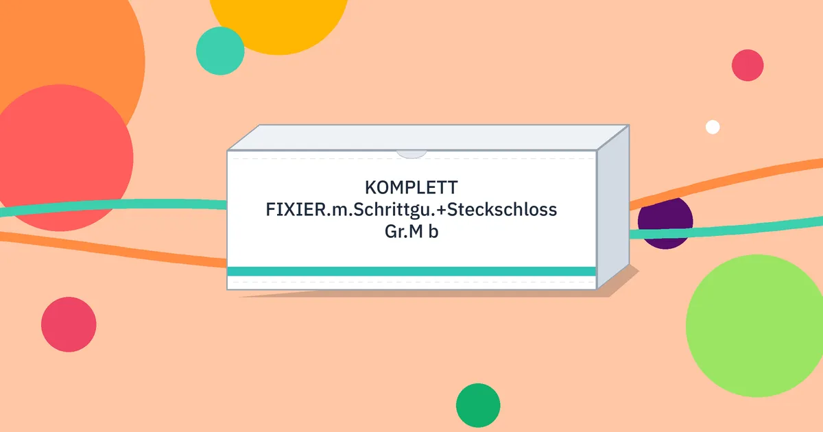 Symbolbild: Packung mit der Aufschrift KOMPLETT FIXIER.m.Schrittgu.+Steckschloss Gr.M b (PZN 11573420) – Verfügbarkeit und Bezug in Apotheken in Frankfurt am Main