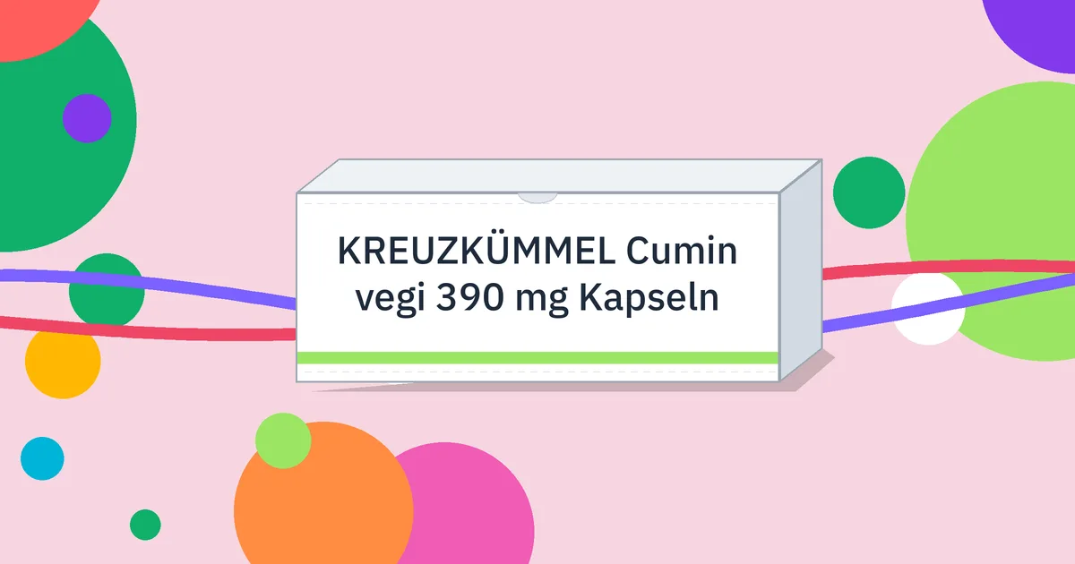 Symbolbild: Packung mit der Aufschrift KREUZKÜMMEL Cumin vegi 390 mg Kapseln (PZN 15861601) – Verfügbarkeit und Bezug in Apotheken in Frankfurt am Main