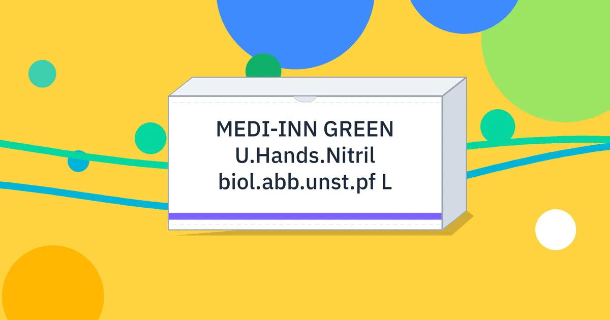 Symbolbild: Packung mit der Aufschrift MEDI-INN GREEN U.Hands.Nitril biol.abb.unst.pf L (PZN 19626860) – Verfügbarkeit und Bezug in Apotheken in Frankfurt am Main