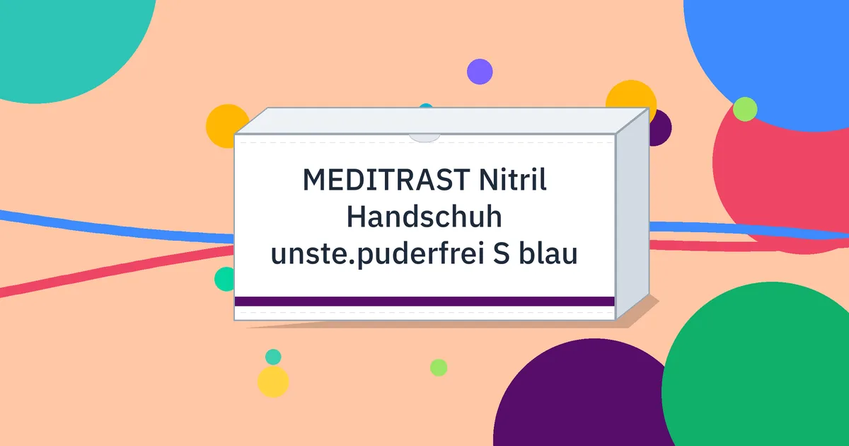 Symbolbild: Packung mit der Aufschrift MEDITRAST Nitril Handschuh unste.puderfrei S blau (PZN 13510984) – Verfügbarkeit und Bezug in Apotheken in Frankfurt am Main