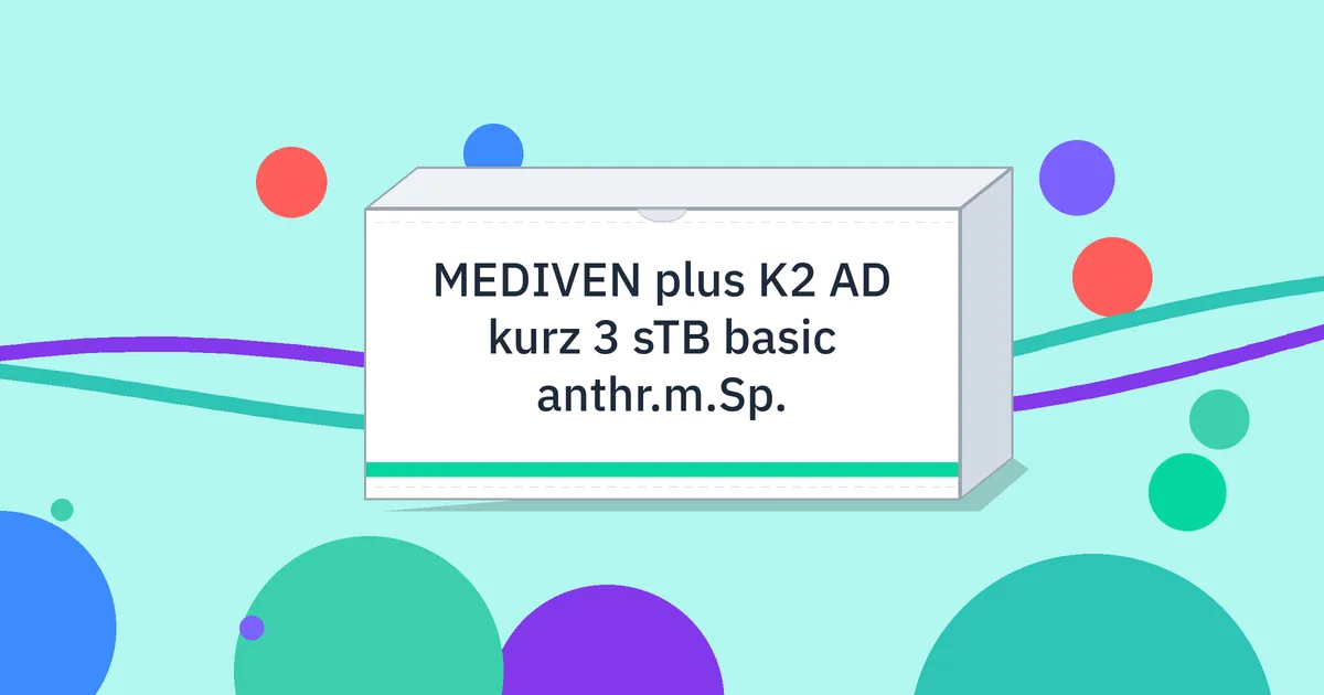 Symbolbild: Packung mit der Aufschrift MEDIVEN plus K2 AD kurz 3 sTB basic anthr.m.Sp. (PZN 15099292) – Verfügbarkeit und Bezug in Apotheken in Frankfurt am Main