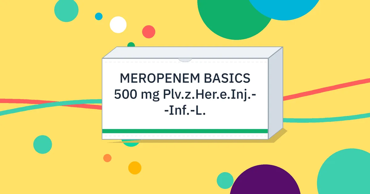 Symbolbild: Packung mit der Aufschrift MEROPENEM BASICS 500 mg Plv.z.Her.e.Inj.--Inf.-L. (PZN 06690276) – Verfügbarkeit und Bezug in Apotheken in Frankfurt am Main