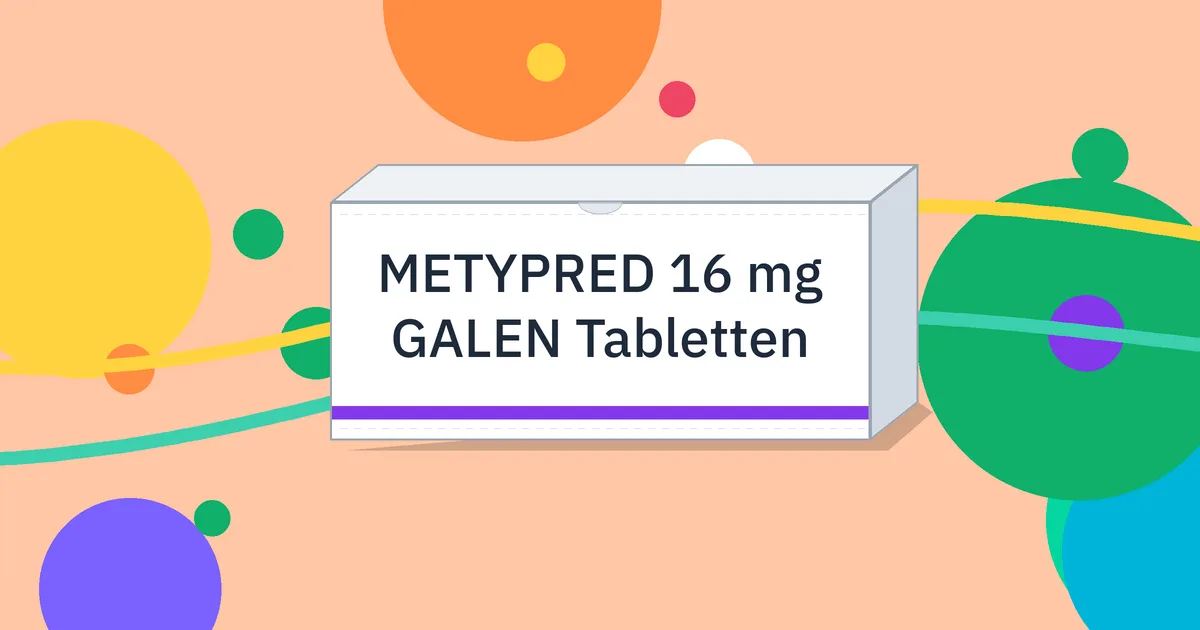 Symbolbild: Packung mit der Aufschrift METYPRED 16 mg GALEN Tabletten (PZN 01484477) – Verfügbarkeit und Bezug in Apotheken in Frankfurt am Main