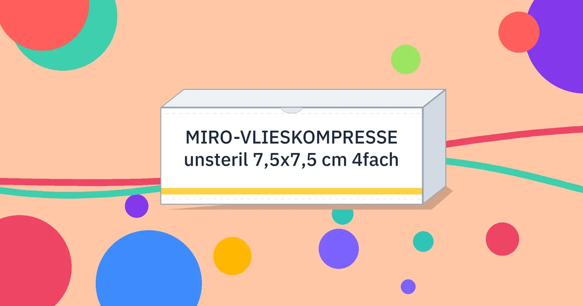 Symbolbild: Packung mit der Aufschrift MIRO-VLIESKOMPRESSE unsteril 7,5x7,5 cm 4fach (PZN 20899824) – Verfügbarkeit und Bezug in Apotheken in Frankfurt am Main