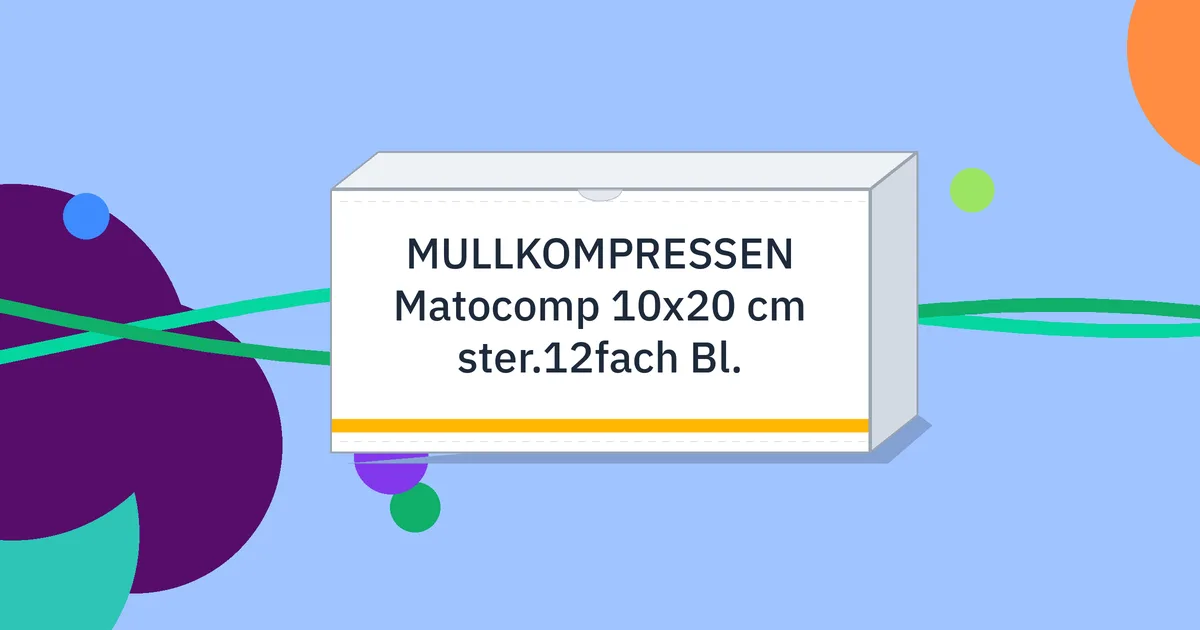 Symbolbild: Packung mit der Aufschrift MULLKOMPRESSEN Matocomp 10x20 cm ster.12fach Bl. (PZN 03377900) – Verfügbarkeit und Bezug in Apotheken in Frankfurt am Main