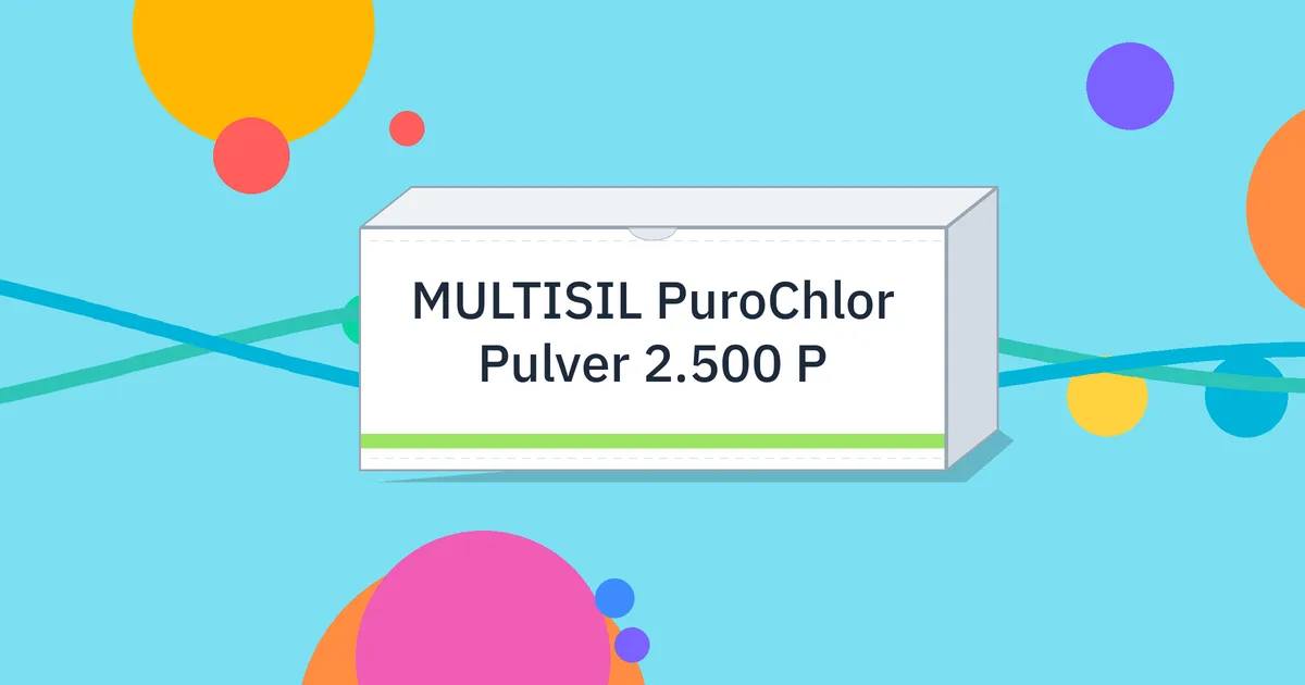 Symbolbild: Packung mit der Aufschrift MULTISIL PuroChlor Pulver 2.500 P (PZN 15396920) – Verfügbarkeit und Bezug in Apotheken in Frankfurt am Main
