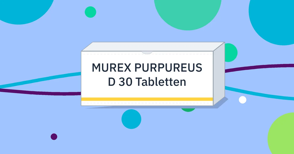 Symbolbild: Packung mit der Aufschrift MUREX PURPUREUS D 30 Tabletten (PZN 07174772) – Verfügbarkeit und Bezug in Apotheken in Frankfurt am Main