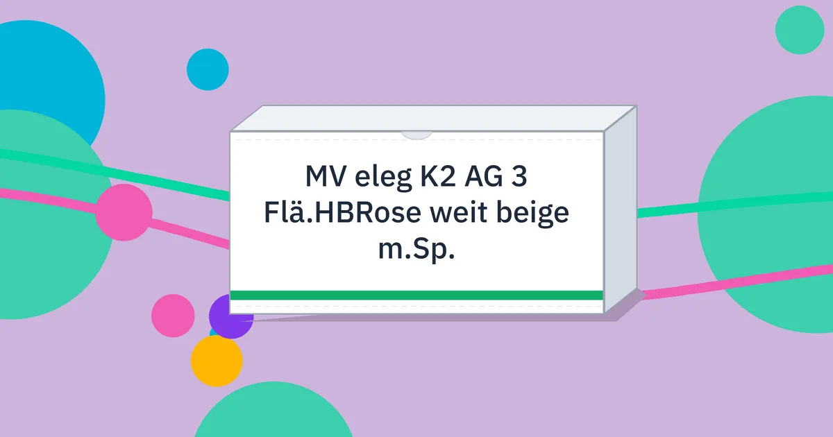 Symbolbild: Packung mit der Aufschrift MV eleg K2 AG 3 Flä.HBRose weit beige m.Sp. (PZN 15720622) – Verfügbarkeit und Bezug in Apotheken in Frankfurt am Main