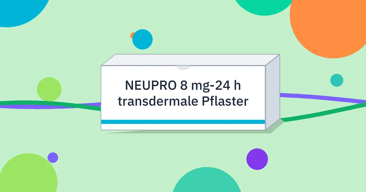 Symbolbild: Packung mit der Aufschrift NEUPRO 8 mg-24 h transdermale Pflaster (PZN 02841560) – Verfügbarkeit und Bezug in Apotheken in Frankfurt am Main