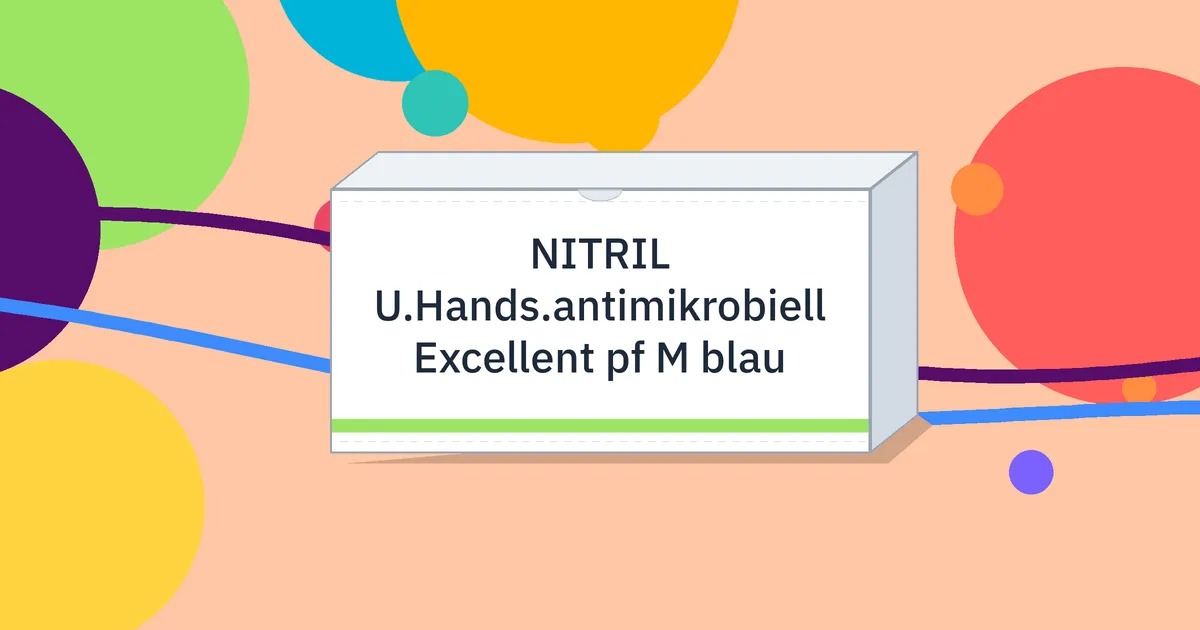 Symbolbild: Packung mit der Aufschrift NITRIL U.Hands.antimikrobiell Excellent pf M blau (PZN 15270219) – Verfügbarkeit und Bezug in Apotheken in Frankfurt am Main