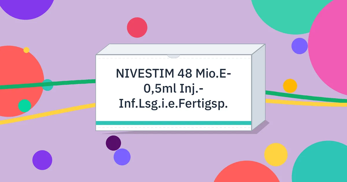 Symbolbild: Packung mit der Aufschrift NIVESTIM 48 Mio.E-0,5ml Inj.-Inf.Lsg.i.e.Fertigsp. (PZN 11563479) – Verfügbarkeit und Bezug in Apotheken in Frankfurt am Main