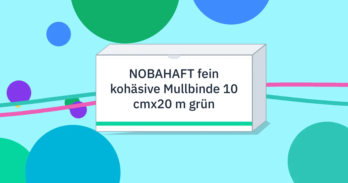 Symbolbild: Packung mit der Aufschrift NOBAHAFT fein kohäsive Mullbinde 10 cmx20 m grün (PZN 16028443) – Verfügbarkeit und Bezug in Apotheken in Frankfurt am Main