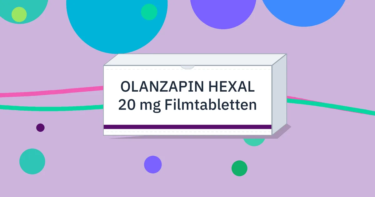 Symbolbild: Packung mit der Aufschrift OLANZAPIN HEXAL 20 mg Filmtabletten (PZN 08877493) – Verfügbarkeit und Bezug in Apotheken in Frankfurt am Main
