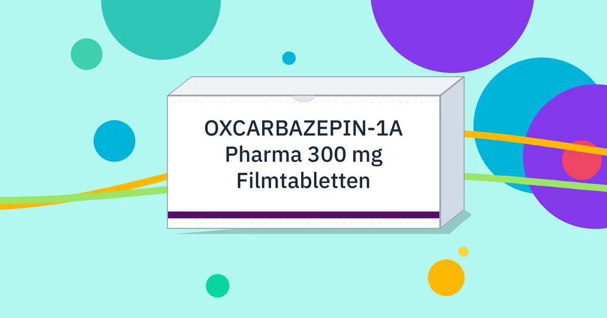 Symbolbild: Packung mit der Aufschrift OXCARBAZEPIN-1A Pharma 300 mg Filmtabletten (PZN 09318471) – Verfügbarkeit und Bezug in Apotheken in Frankfurt am Main