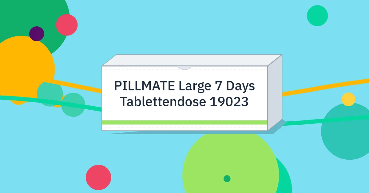 Symbolbild: Packung mit der Aufschrift PILLMATE Large 7 Days Tablettendose 19023 (PZN 07591814) – Verfügbarkeit und Bezug in Apotheken in Frankfurt am Main