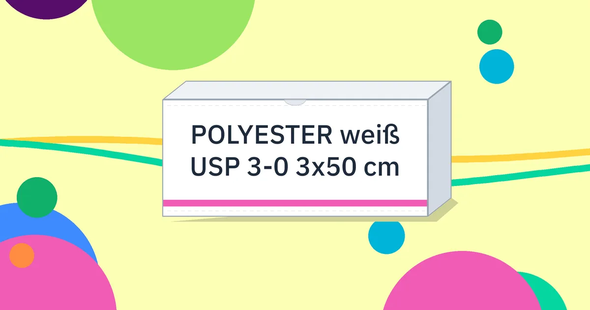 Symbolbild: Packung mit der Aufschrift POLYESTER weiß USP 3-0 3x50 cm (PZN 00548347) – Verfügbarkeit und Bezug in Apotheken in Frankfurt am Main