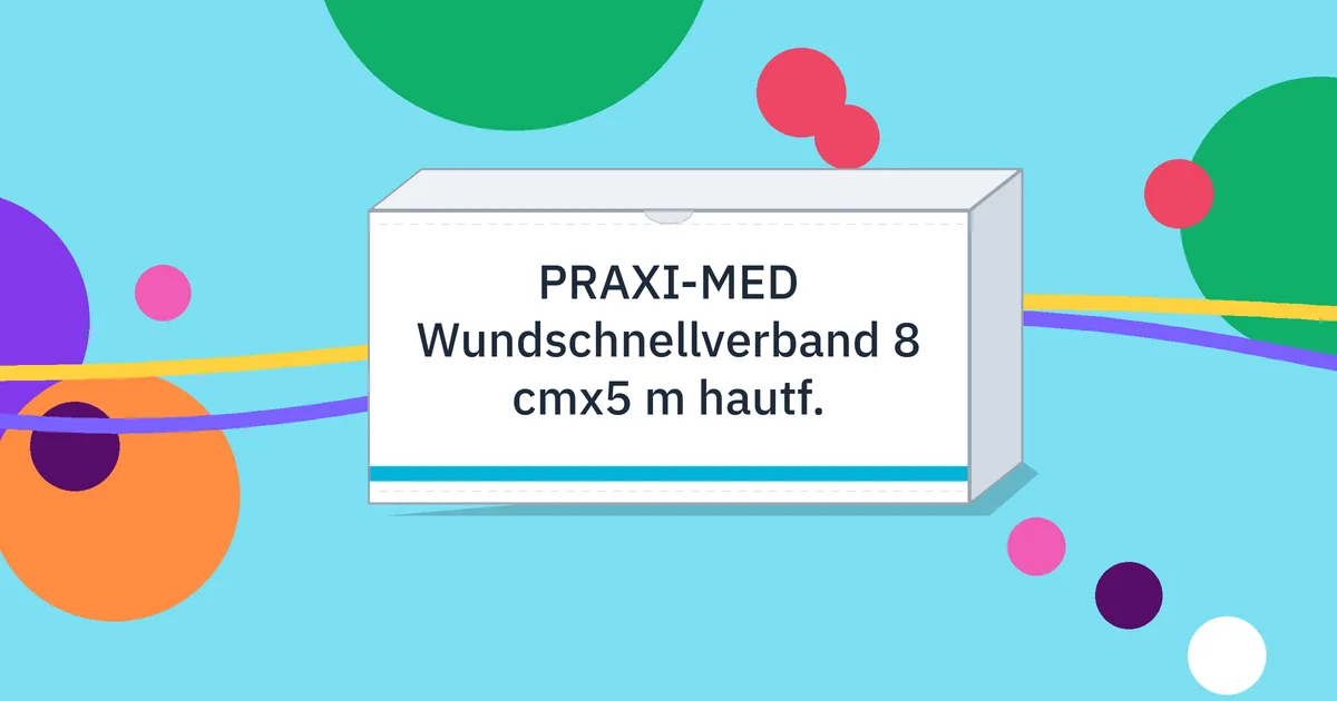 Symbolbild: Packung mit der Aufschrift PRAXI-MED Wundschnellverband 8 cmx5 m hautf. (PZN 12827147) – Verfügbarkeit und Bezug in Apotheken in Frankfurt am Main