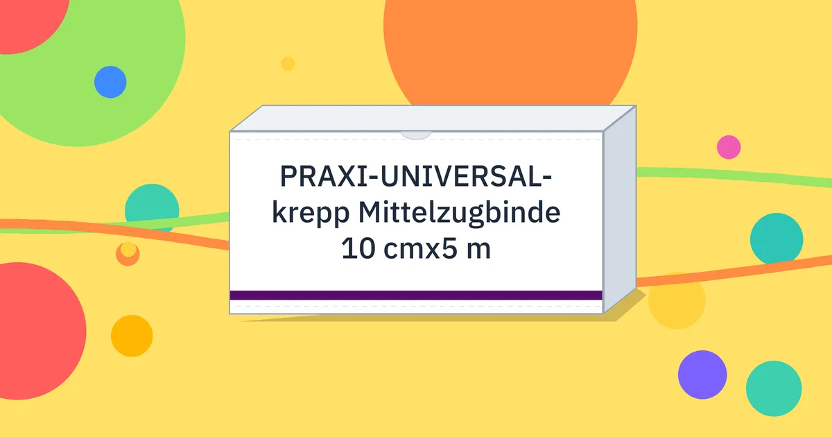 Symbolbild: Packung mit der Aufschrift PRAXI-UNIVERSAL-krepp Mittelzugbinde 10 cmx5 m (PZN 12828201) – Verfügbarkeit und Bezug in Apotheken in Frankfurt am Main