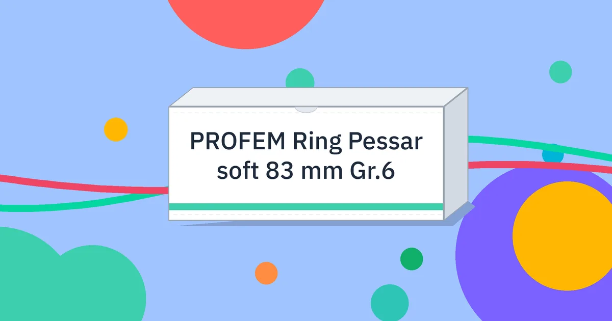 Symbolbild: Packung mit der Aufschrift PROFEM Ring Pessar soft 83 mm Gr.6 (PZN 19292672) – Verfügbarkeit und Bezug in Apotheken in Frankfurt am Main