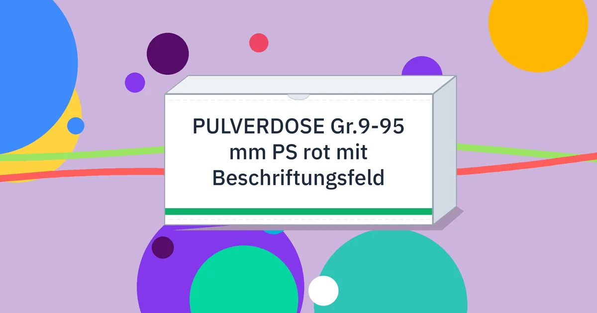 Symbolbild: Packung mit der Aufschrift PULVERDOSE Gr.9-95 mm PS rot mit Beschriftungsfeld (PZN 18222451) – Verfügbarkeit und Bezug in Apotheken in Frankfurt am Main