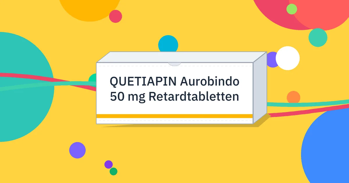 Symbolbild: Packung mit der Aufschrift QUETIAPIN Aurobindo 50 mg Retardtabletten (PZN 18428738) – Verfügbarkeit und Bezug in Apotheken in Frankfurt am Main