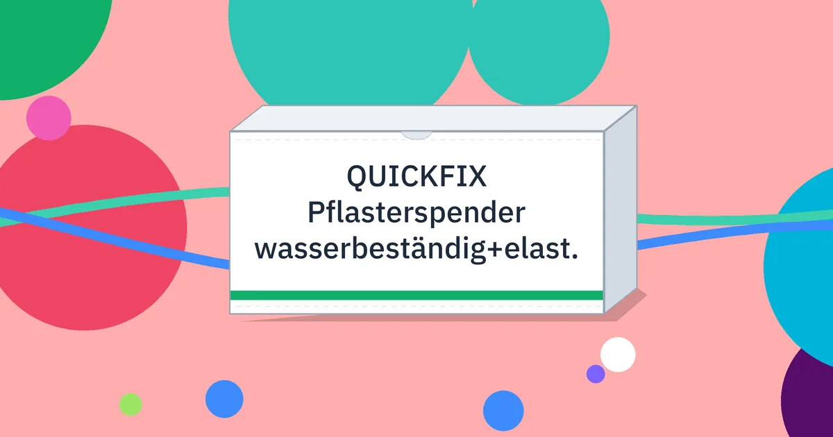 Symbolbild: Packung mit der Aufschrift QUICKFIX Pflasterspender wasserbeständig+elast. (PZN 09534281) – Verfügbarkeit und Bezug in Apotheken in Frankfurt am Main