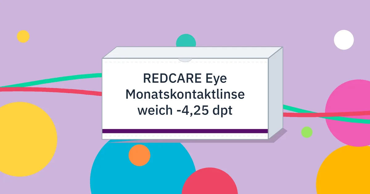Symbolbild: Packung mit der Aufschrift REDCARE Eye Monatskontaktlinse weich -4,25 dpt (PZN 18782061) – Verfügbarkeit und Bezug in Apotheken in Frankfurt am Main