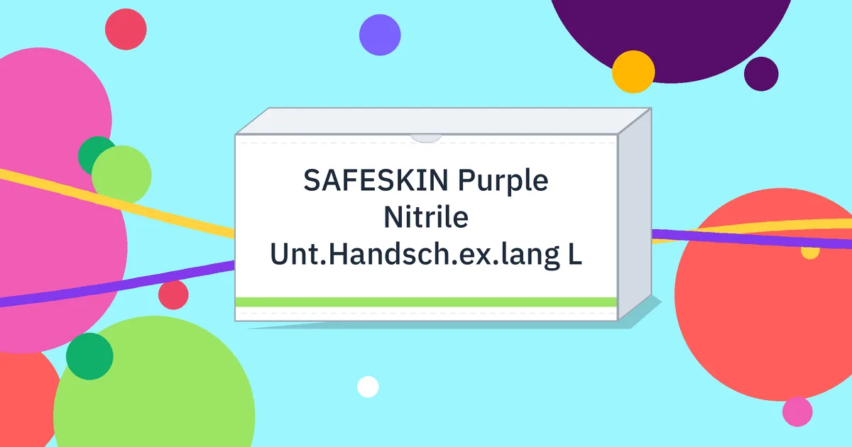 Symbolbild: Packung mit der Aufschrift SAFESKIN Purple Nitrile Unt.Handsch.ex.lang L (PZN 01382073) – Verfügbarkeit und Bezug in Apotheken in Frankfurt am Main