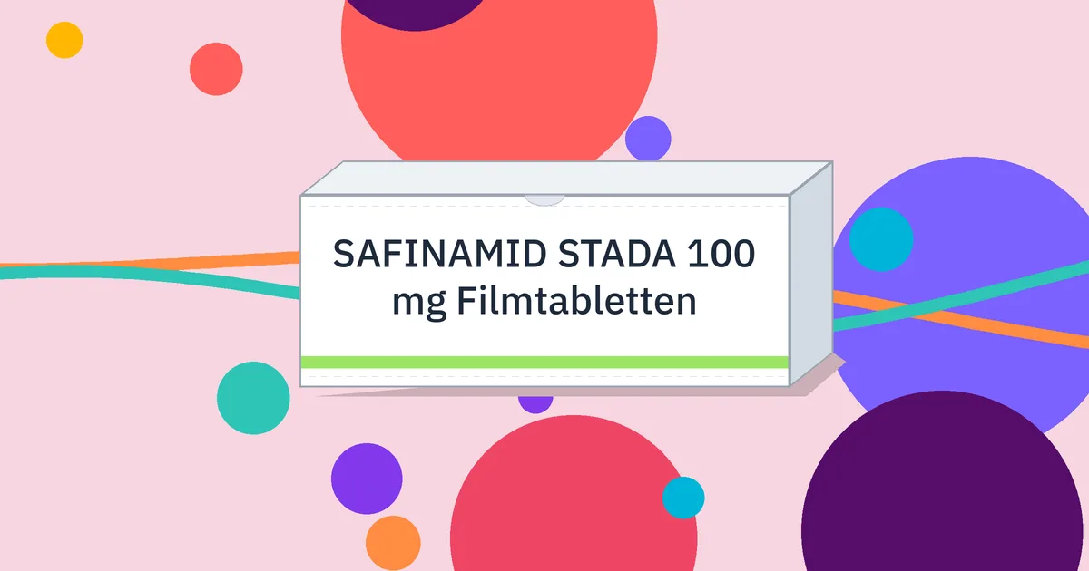 Symbolbild: Packung mit der Aufschrift SAFINAMID STADA 100 mg Filmtabletten (PZN 19491199) – Verfügbarkeit und Bezug in Apotheken in Frankfurt am Main