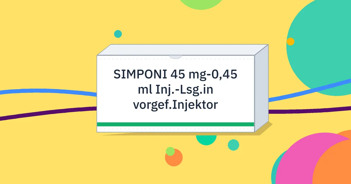 Symbolbild: Packung mit der Aufschrift SIMPONI 45 mg-0,45 ml Inj.-Lsg.in vorgef.Injektor (PZN 16023227) – Verfügbarkeit und Bezug in Apotheken in Frankfurt am Main