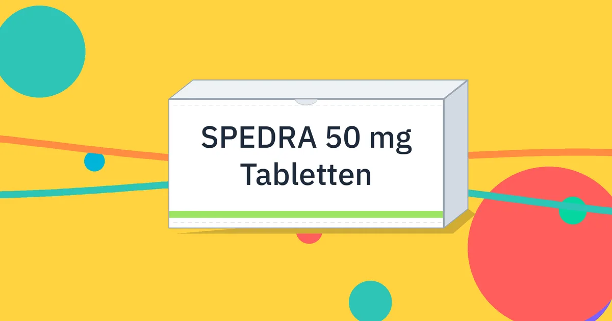 Symbolbild: Packung mit der Aufschrift SPEDRA 50 mg Tabletten (PZN 10130494) – Verfügbarkeit und Bezug in Apotheken in Frankfurt am Main