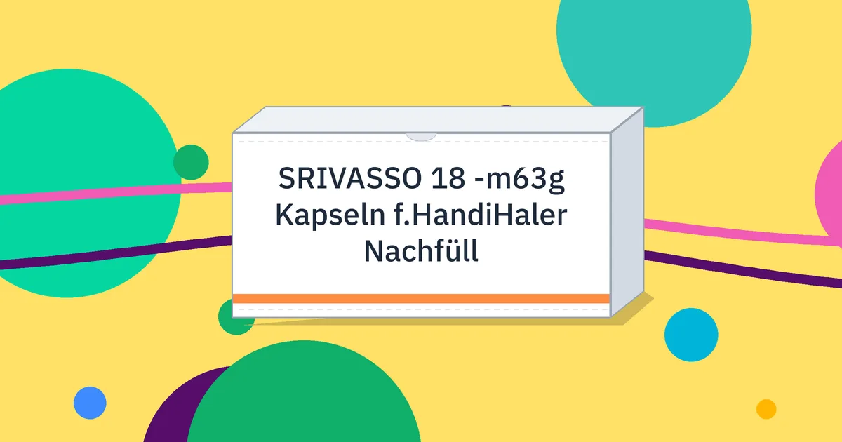 Symbolbild: Packung mit der Aufschrift SRIVASSO 18 -m63g Kapseln f.HandiHaler Nachfüll (PZN 11341997) – Verfügbarkeit und Bezug in Apotheken in Frankfurt am Main