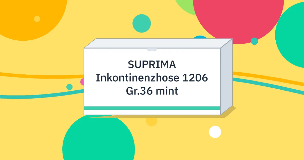 Symbolbild: Packung mit der Aufschrift SUPRIMA Inkontinenzhose 1206 Gr.36 mint (PZN 07632252) – Verfügbarkeit und Bezug in Apotheken in Frankfurt am Main