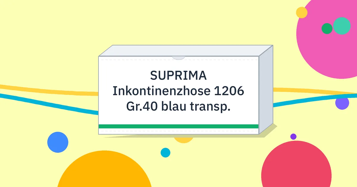 Symbolbild: Packung mit der Aufschrift SUPRIMA Inkontinenzhose 1206 Gr.40 blau transp. (PZN 01515172) – Verfügbarkeit und Bezug in Apotheken in Frankfurt am Main