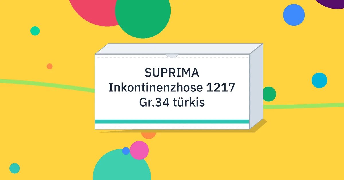 Symbolbild: Packung mit der Aufschrift SUPRIMA Inkontinenzhose 1217 Gr.34 türkis (PZN 19174435) – Verfügbarkeit und Bezug in Apotheken in Frankfurt am Main