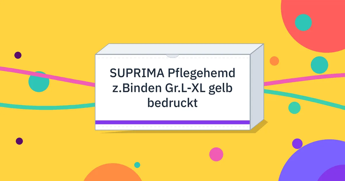 Symbolbild: Packung mit der Aufschrift SUPRIMA Pflegehemd z.Binden Gr.L-XL gelb bedruckt (PZN 09785600) – Verfügbarkeit und Bezug in Apotheken in Frankfurt am Main